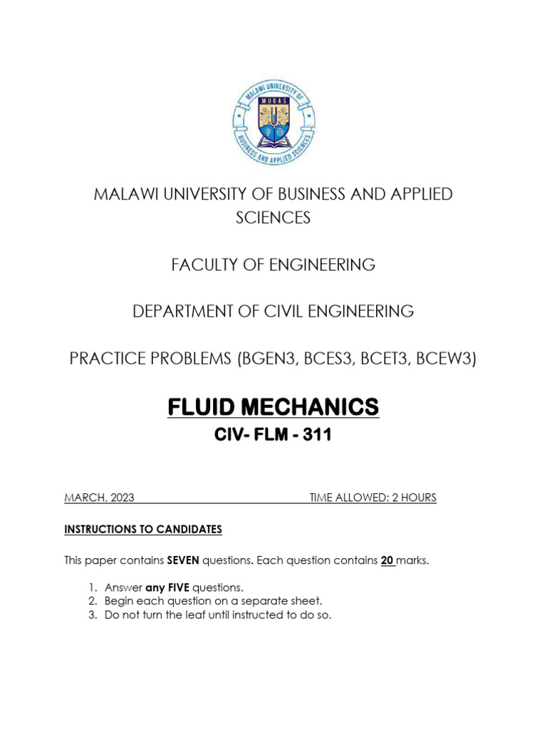 Fluid Mechanics Practice Problems | PDF | Discharge (Hydrology) | Fluid ...
