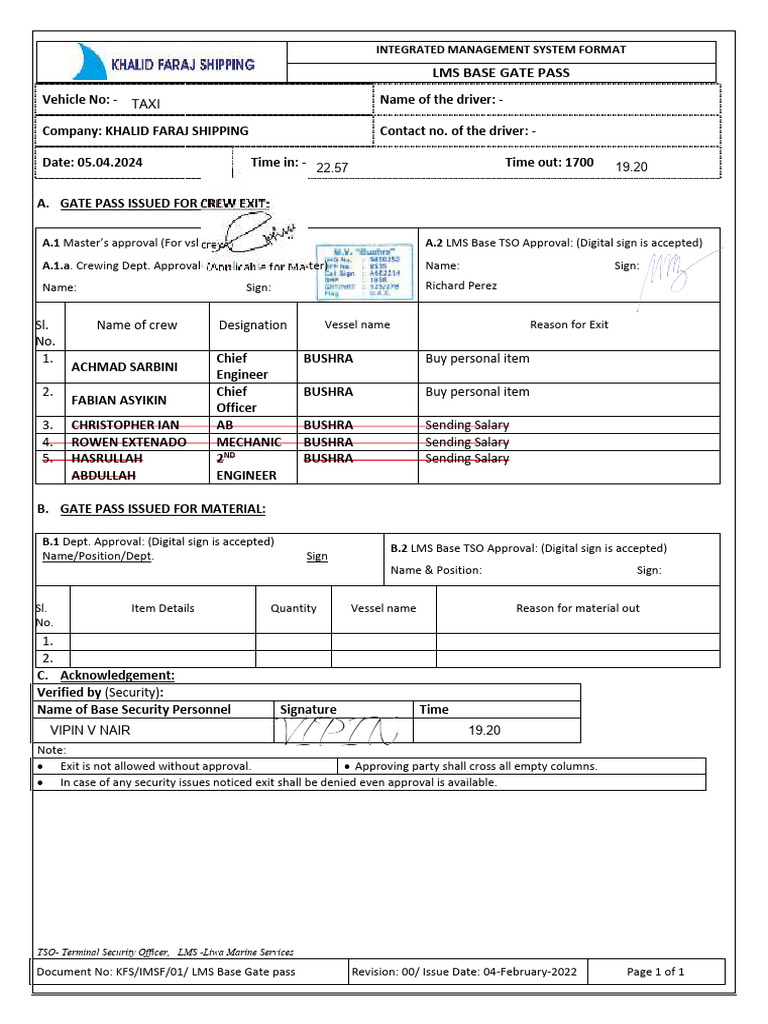 GATE PASS LCT Bushra 05.04.2024-Crew | PDF
