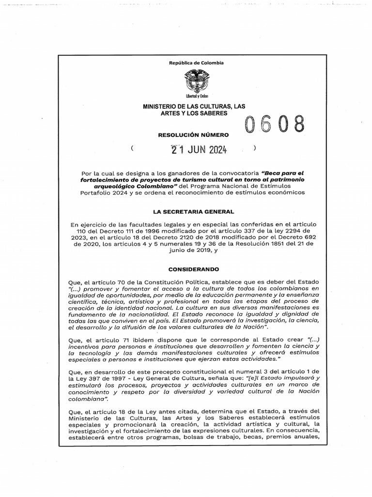 0608 Resolucion Designa Los Ganadores Convocatoria Beca para El Fortalecimiento Turismo Cultural ...