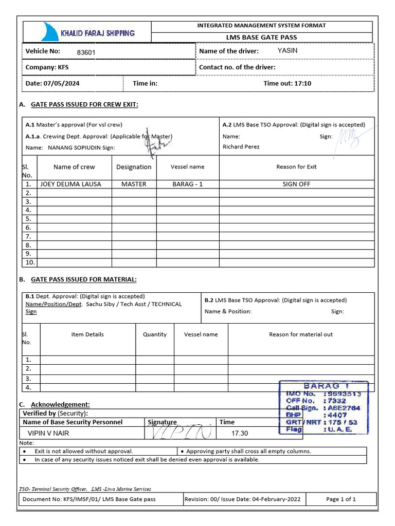 LMS Base Gate Pass CB Barag 07.05.2024-Master-Sign Off - JOEY | PDF