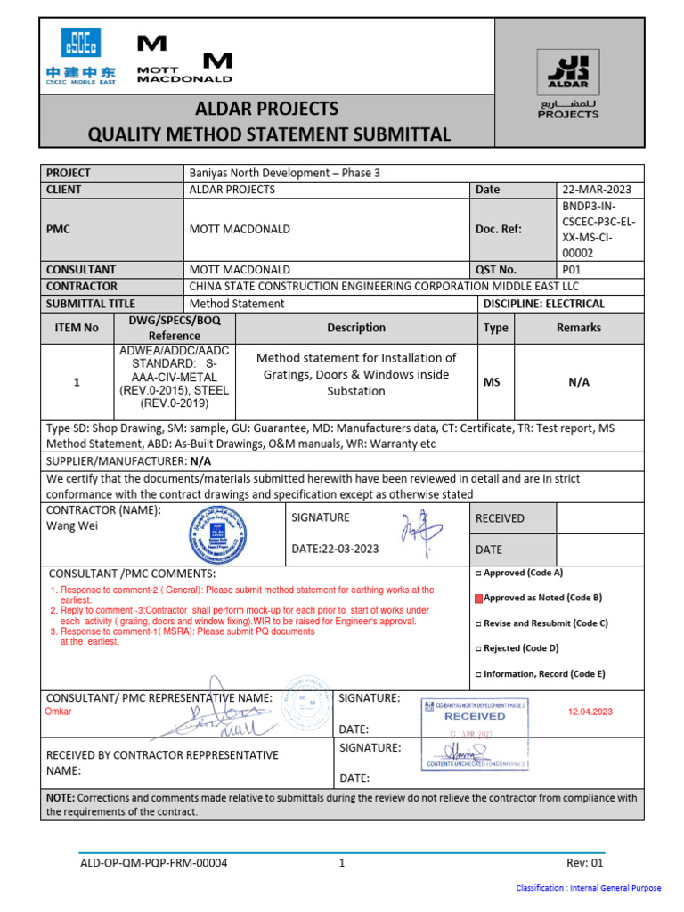 BNDP3-In-CSCEC-P3C-EL-XX-MS-CI-00002-Method Statement for Installation of Gratings, Doors ...