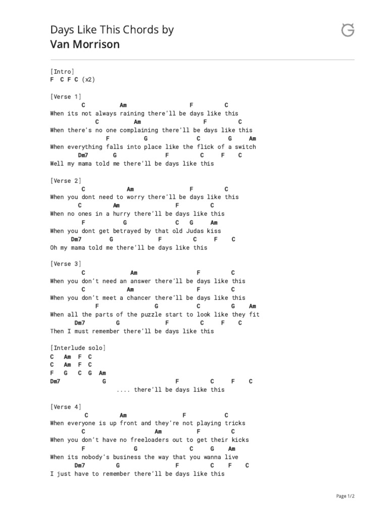 Days Like This Chords (Ver 2) by Van Morrisontabs at Ultimate Guitar ...
