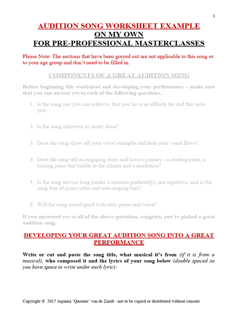 Audition Song Performance Build Worksheet - On My Own | PDF | Cosette ...