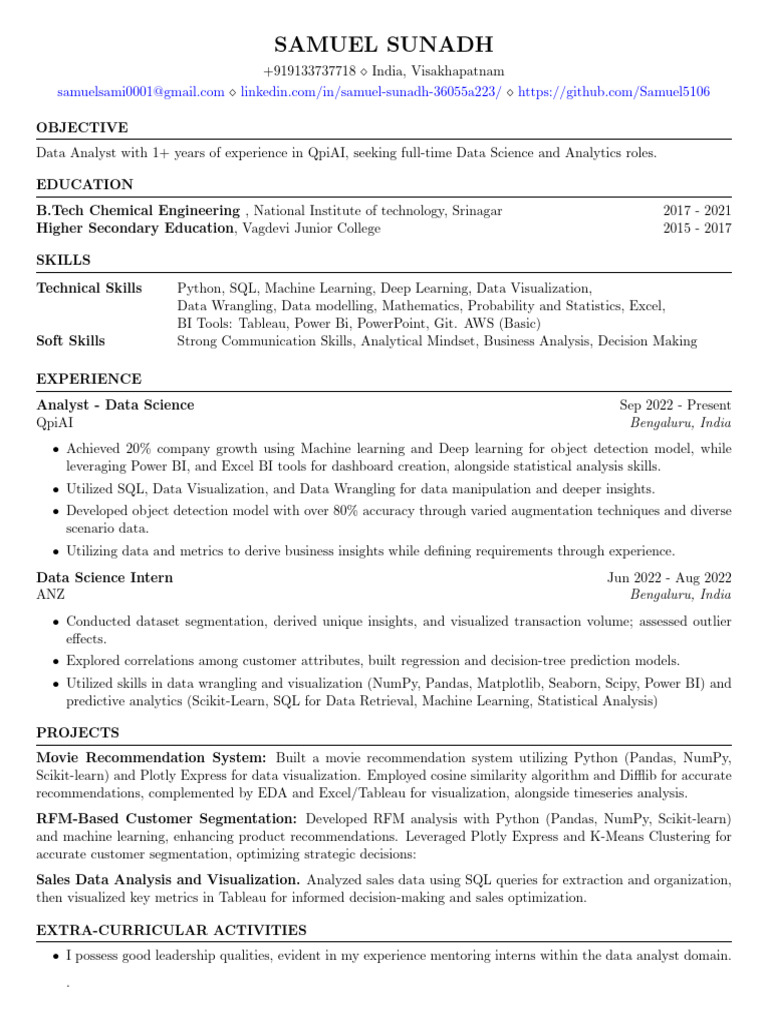 Samuel Updated Resume For May 13 | PDF | Data Analysis | Machine Learning