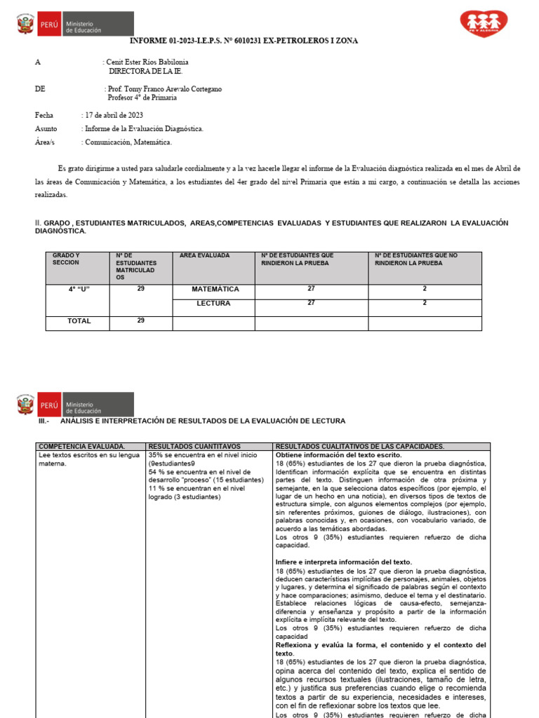 4° Primaria Informe de La Evaluación Diag. - 2023 | PDF | Evaluación | Enseñando