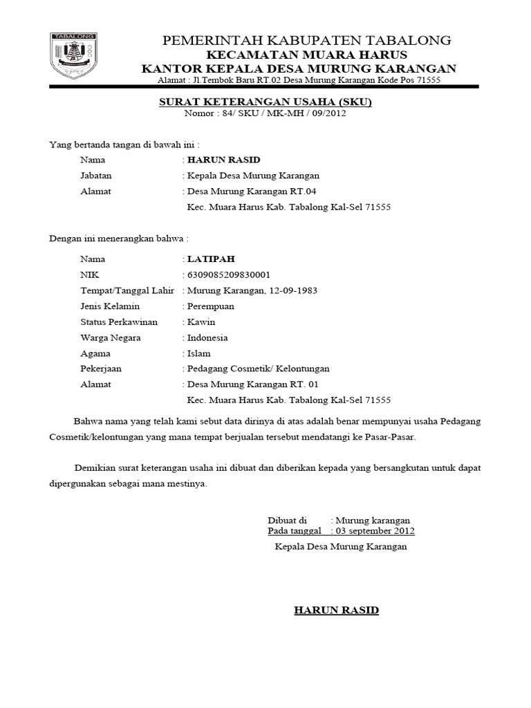 SURAT KETERANGAN USAHA (SKU) | PDF