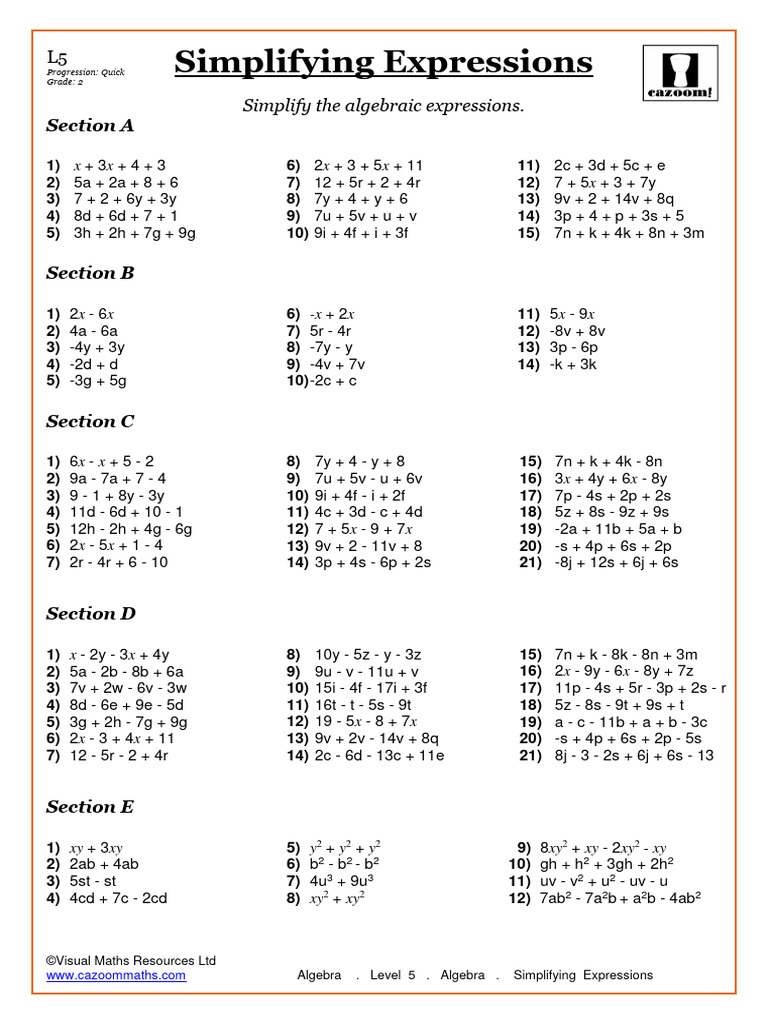 Algebra. Level 5. Simplification. Simplifying Expressions | PDF | Mathematics