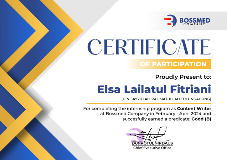INTERNSHIP CERTIFICATE - Elsa Lailatul Fitriani | PDF