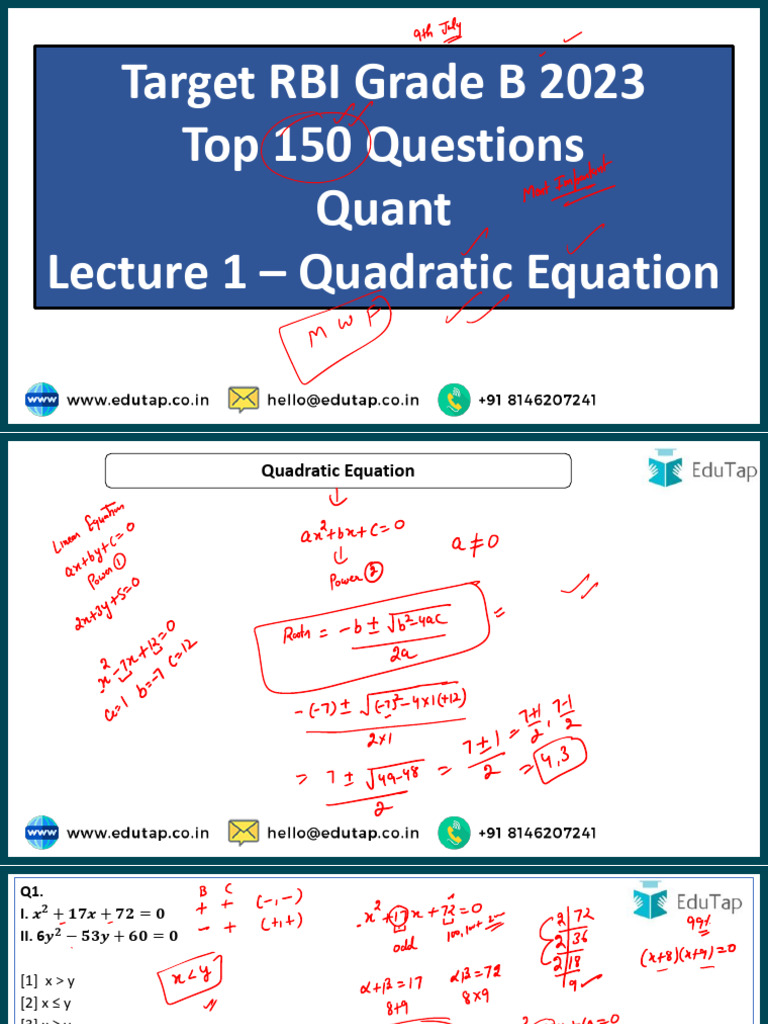 Rbi Grade B Phase 1 Quant Quadratic Equation | PDF | Equations ...