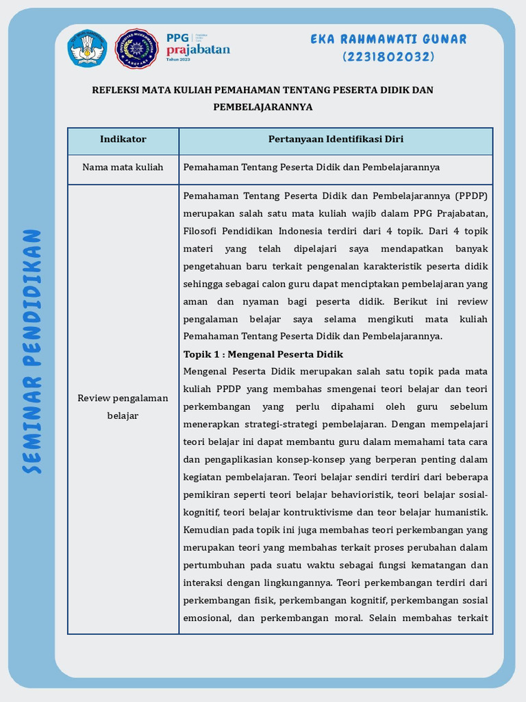 Refleksi PPDP - 032 - Eka Rahmawati Gunar - Seminar PPG | PDF | Pengembangan Diri