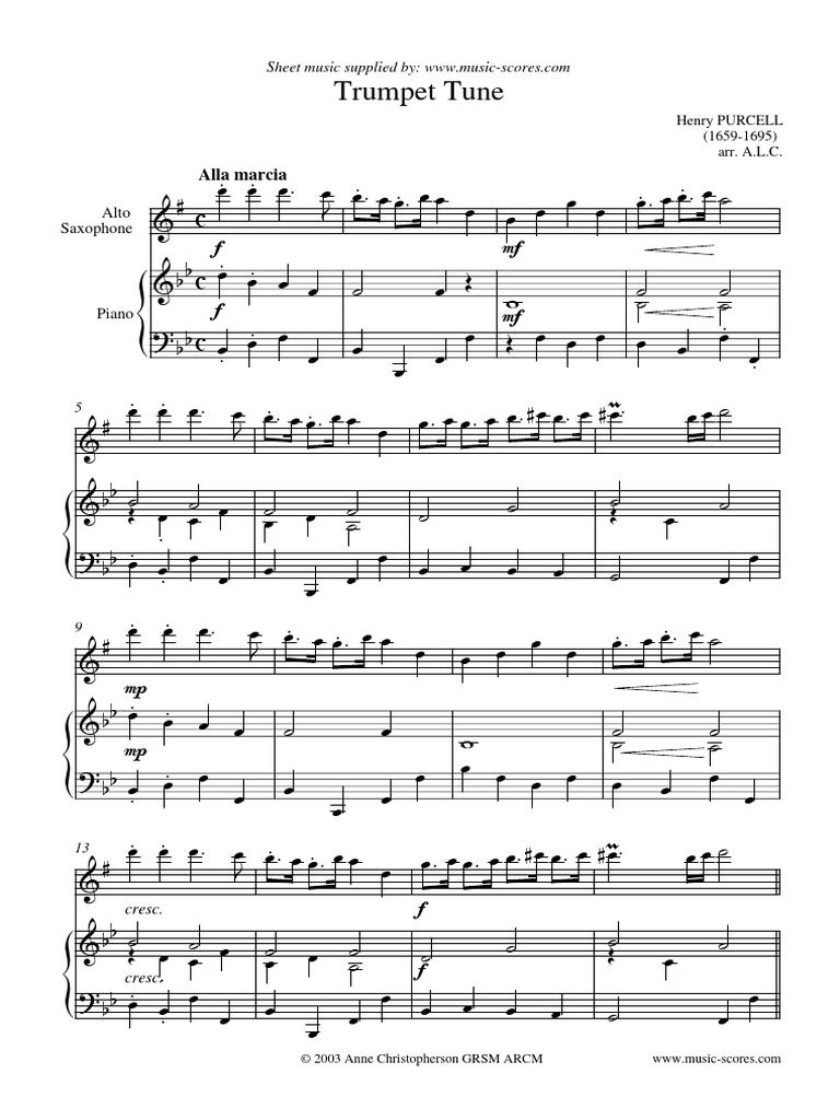 Purcell - Trumpet - Tune - Alto - Sax C On Piano | PDF | Saxophone ...