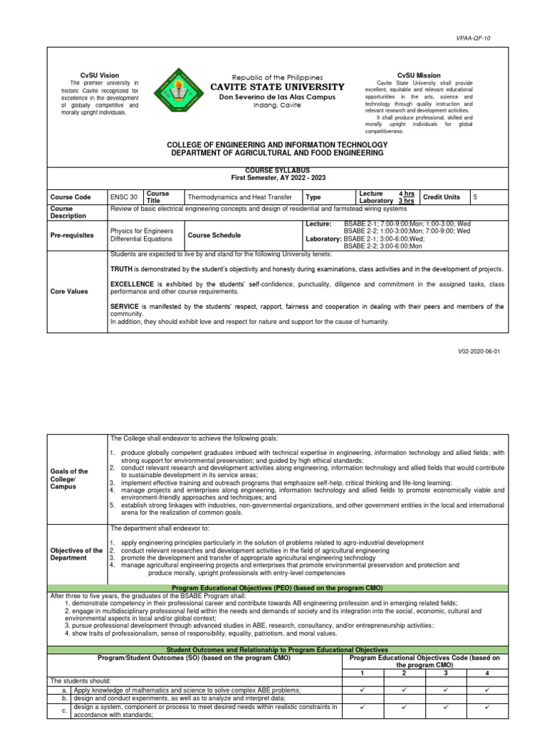 Syllabus ENSC 30 (Thermodynamics and Heat Transfer) | PDF | Second Law ...