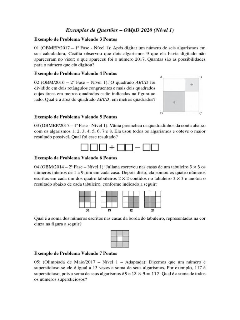 Exemplos de Questões - OMpD 1 Fase | PDF | Número real | Aritmética