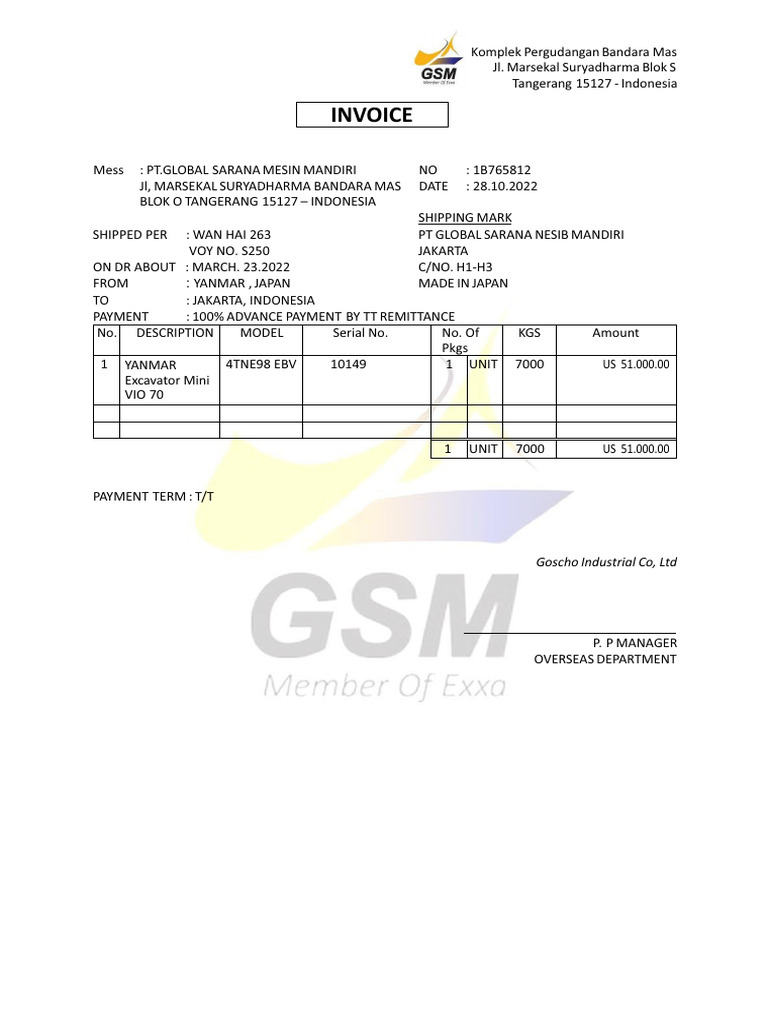 GSM 1-Invoice Importir Yanmar Ref 1 | PDF | Marketing | Payments