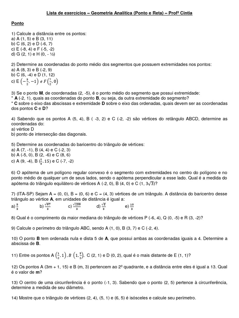 Lista de Exercícios - Geometria Analítica - Ponto e Reta | PDF | Triângulo | Linha (Geometria)