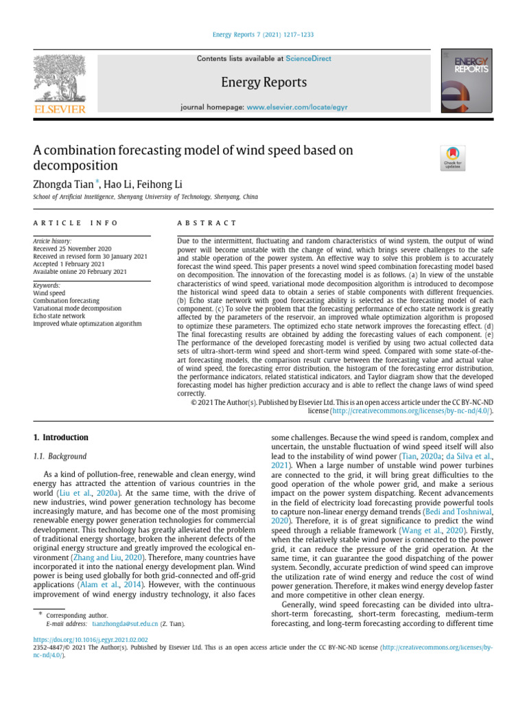 A Combination Forecasting Model Of Wind Speed Based On Deco 2021