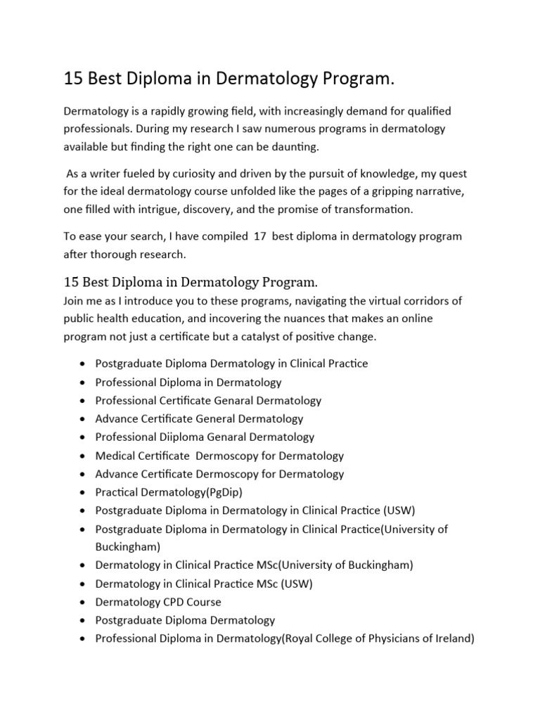 15 Best Diploma in Dermatology Program | PDF | Dermatology | Medicine