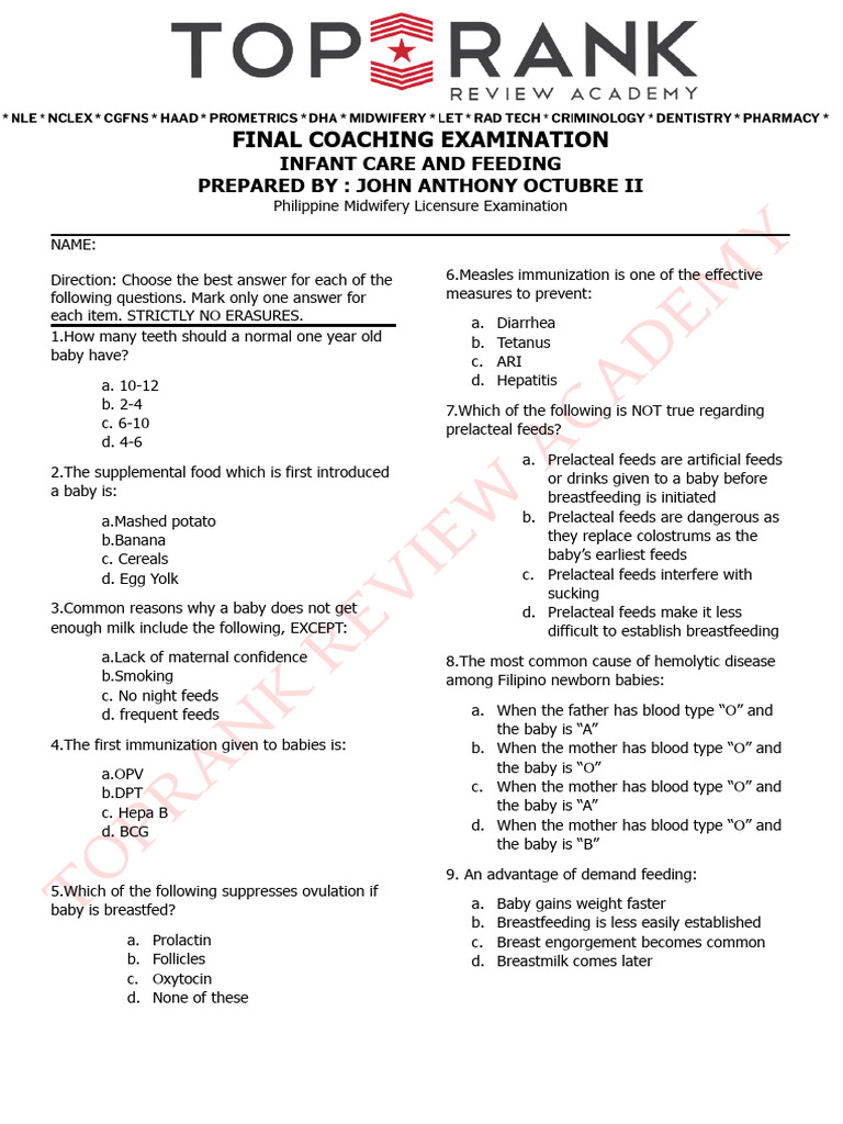 FC Exam Infant Care and Feeding SC | PDF | Breastfeeding | Infants