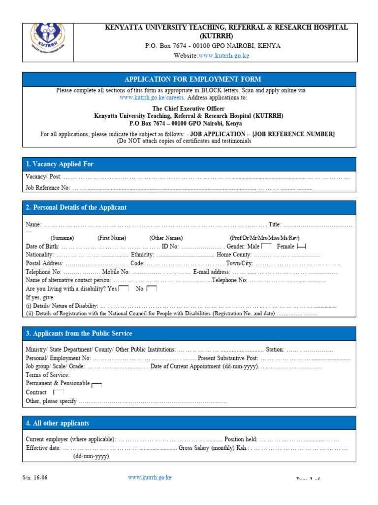 KUTRRH Job Application Form | PDF | Qualifications | Educational Stages