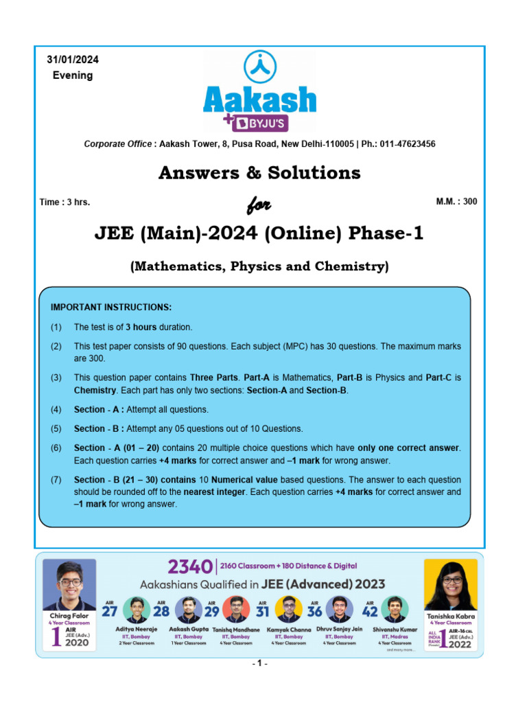 Ans&Sol JEE (Main) 2024 Ph-1 (31!01!2024) Evening (ActualPaper) | PDF | Geometry | Euclidean ...