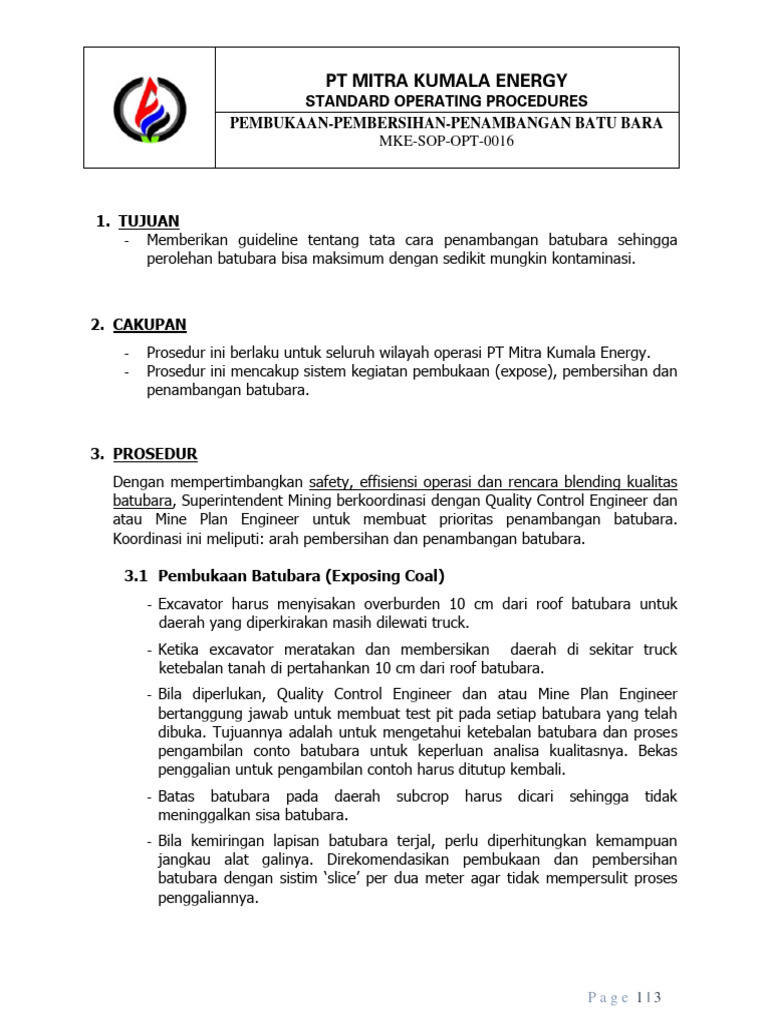 Sop-0016 Penambangan Batubara | PDF