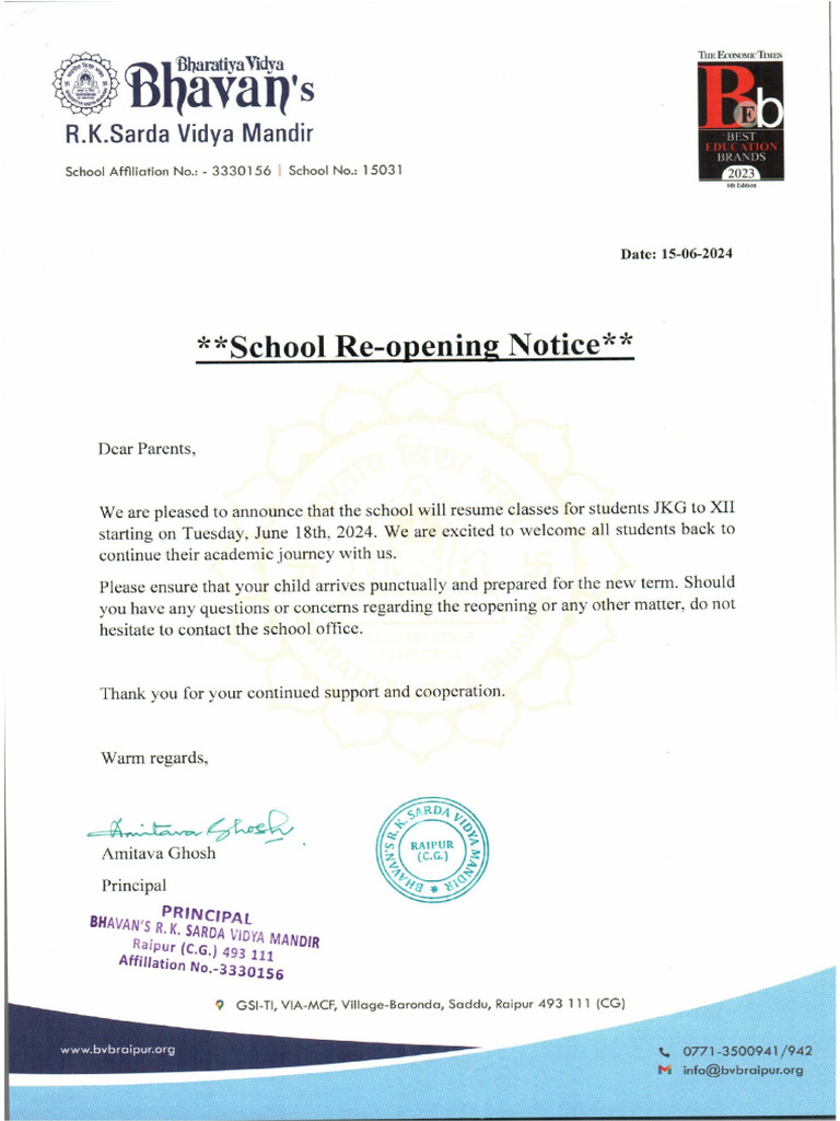 School Re-Opening Notice | PDF