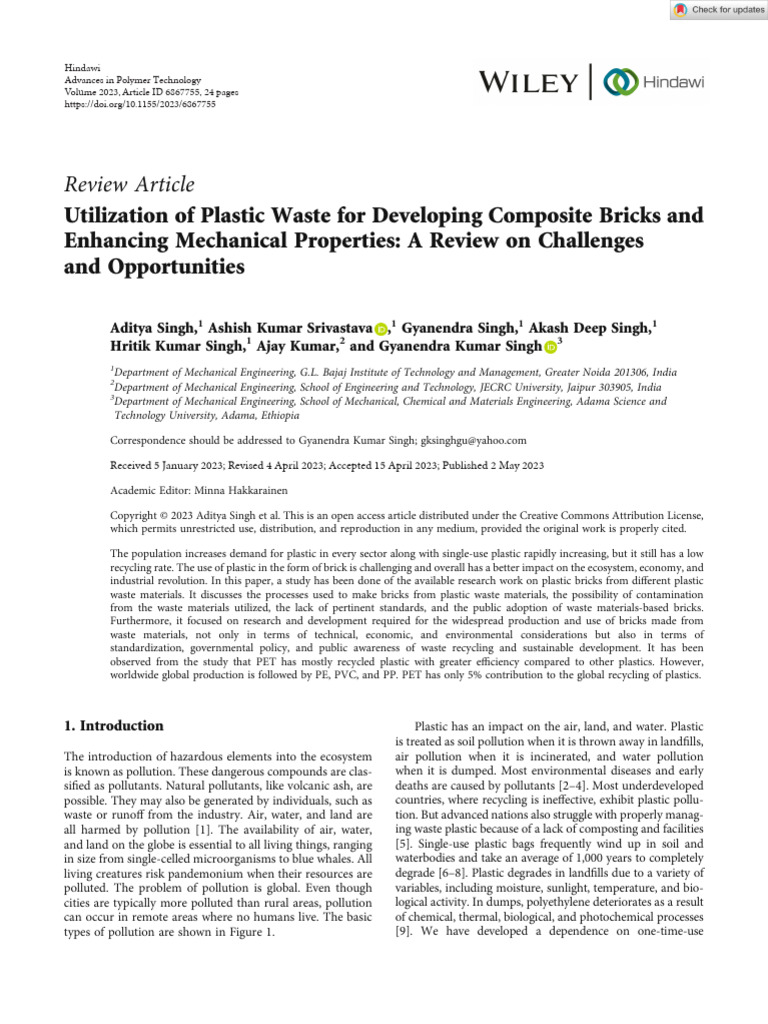 Advances in Polymer Technology - 2023 - Singh - Utilization of Plastic ...