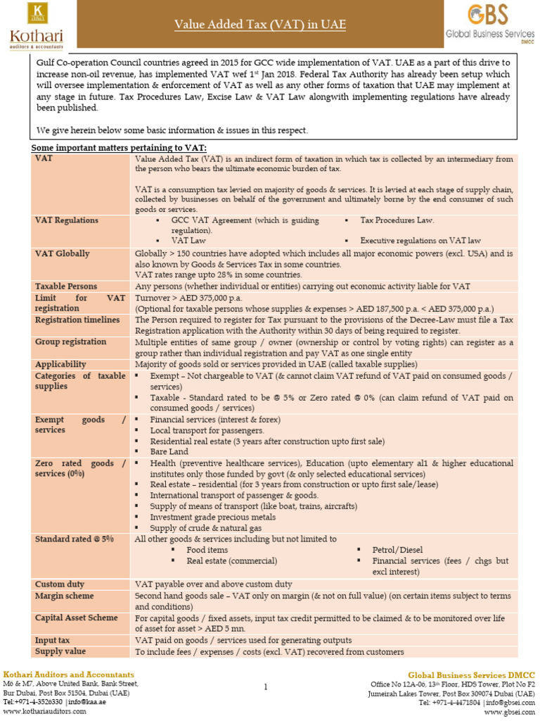 Value Added Tax (VAT) in UAE: Some Important Matters Pertaining To VAT | PDF | Value Added Tax ...