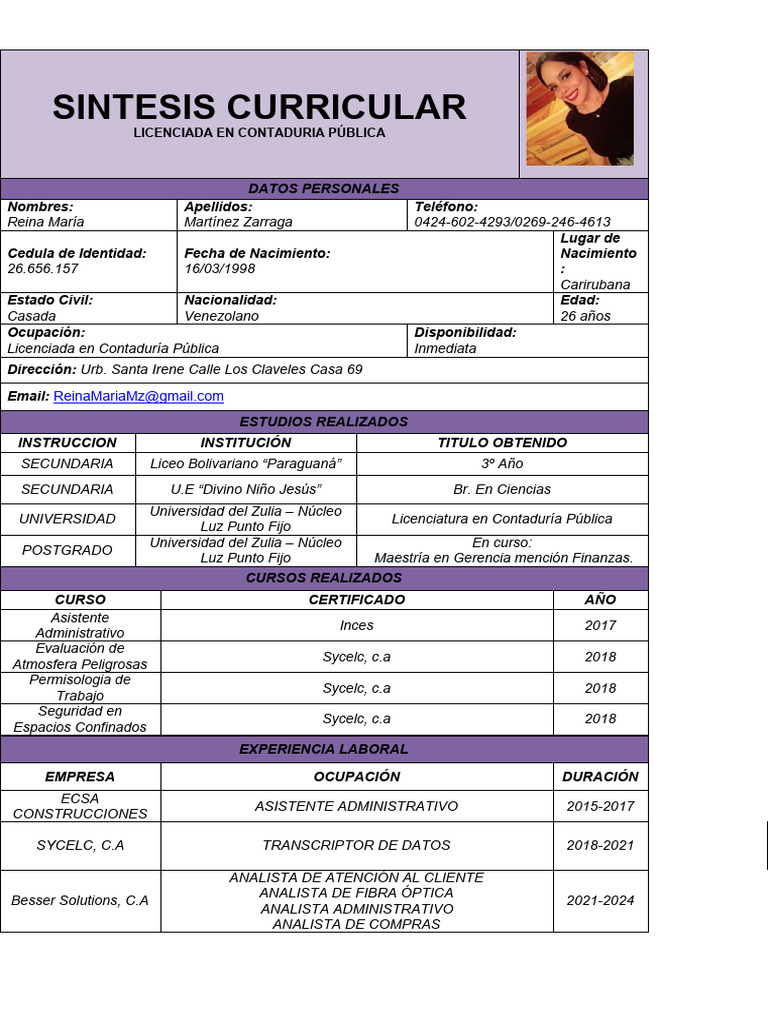Sintesis Curricular Reina Martinez Compras | PDF | Contabilidad