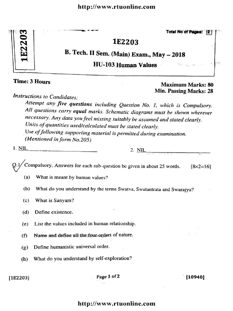 Btech 2 Sem Human Values 1e2203 May 2018 | PDF