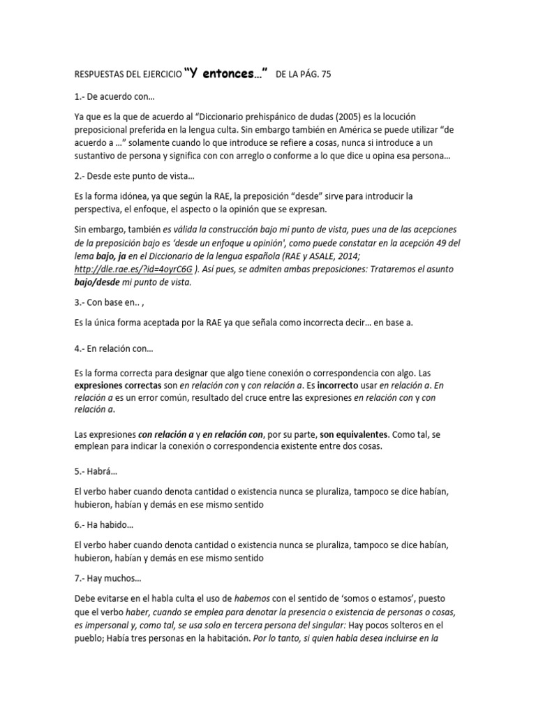 Y entonces... Respuestas de la pág. 75 | PDF | Preposición y ...