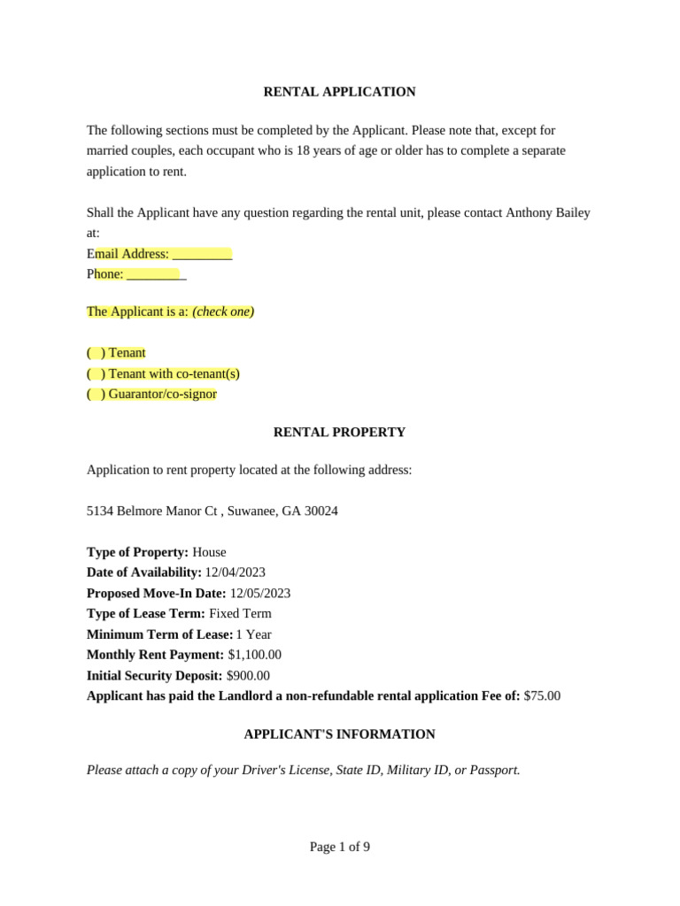 GA Rental Application 2024 | PDF | Landlord | Lease
