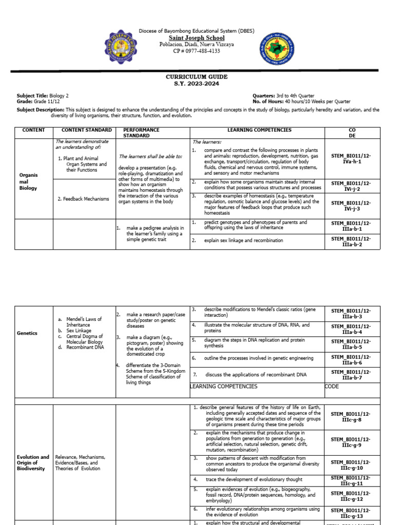 DBES Grade 11/12 Biology Curriculum Guide | PDF | Genetics | Evolution
