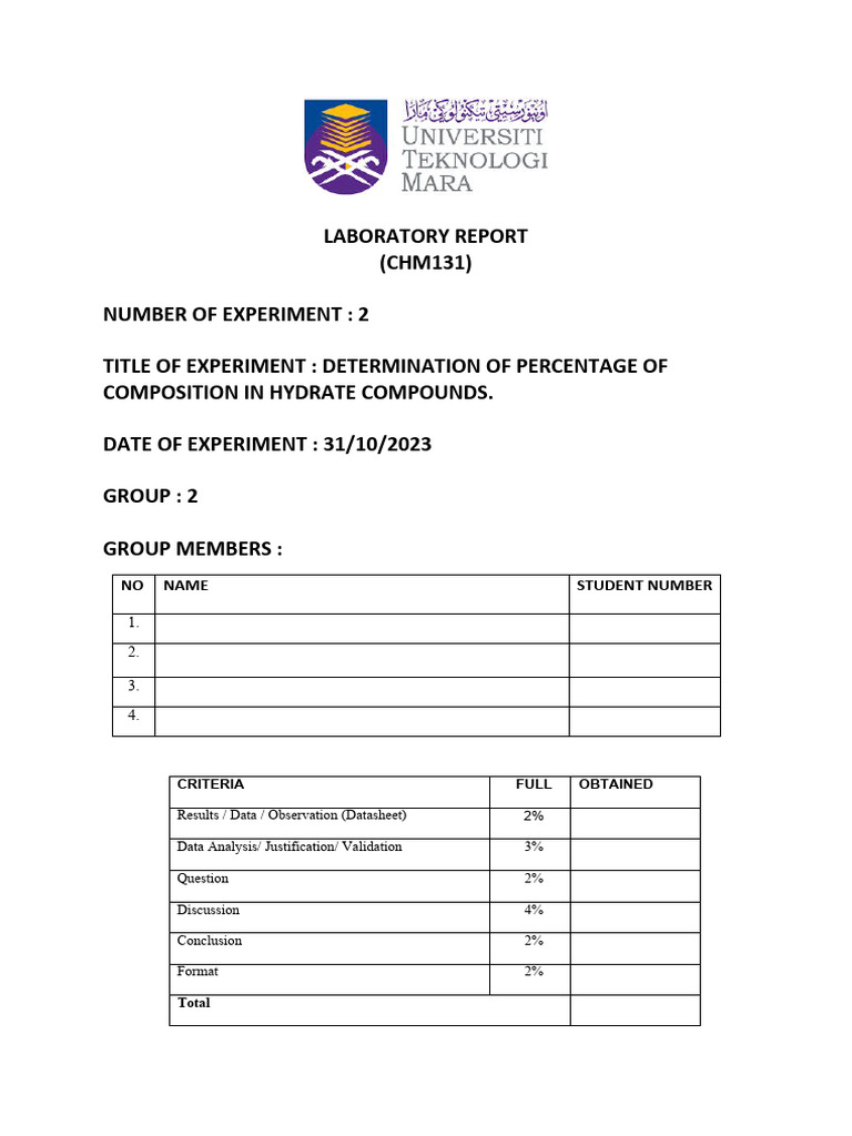 Laboratory Report Experiment 2 CHM131 | PDF | Chemical Compounds ...