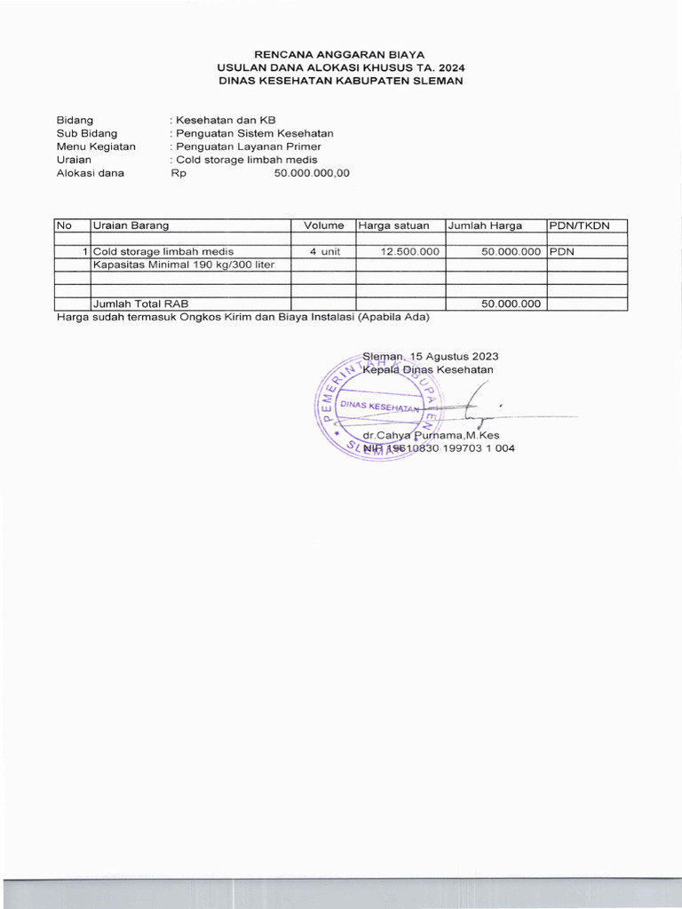 RAB Cold Storage Dinkes Sleman | PDF