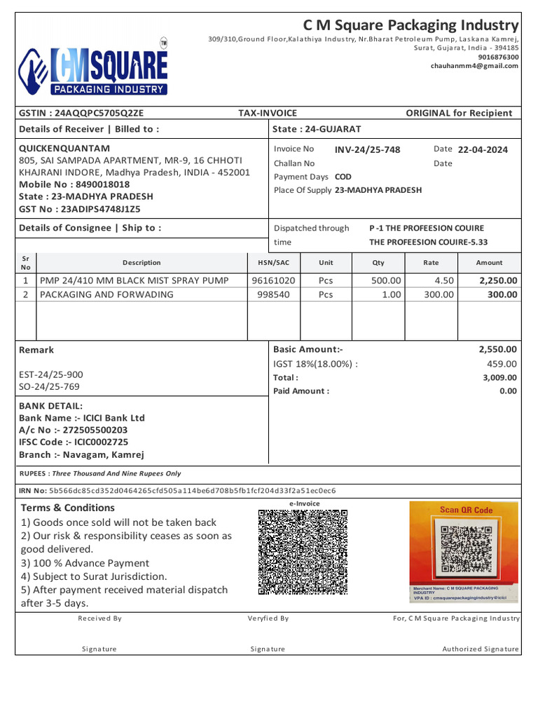 Inv 24-25-748 Quickenquantam | PDF | Government Of India | Payments