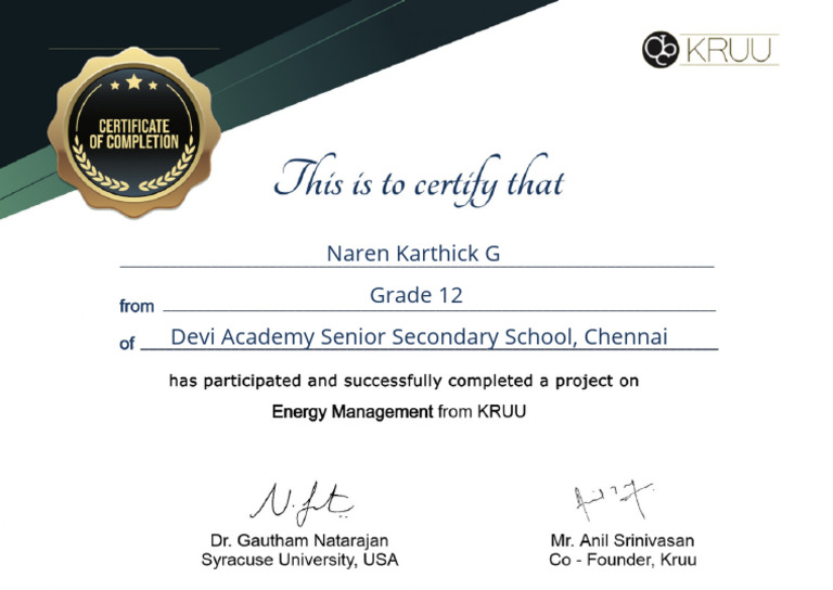 Energy Management (STEM) Kruu Certificate | PDF