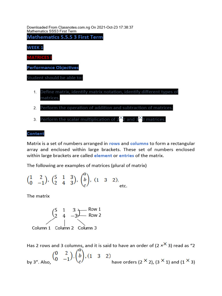 ClassNotes-Mathematics SSS3 First Term-881635007117 | PDF | Matrix ...