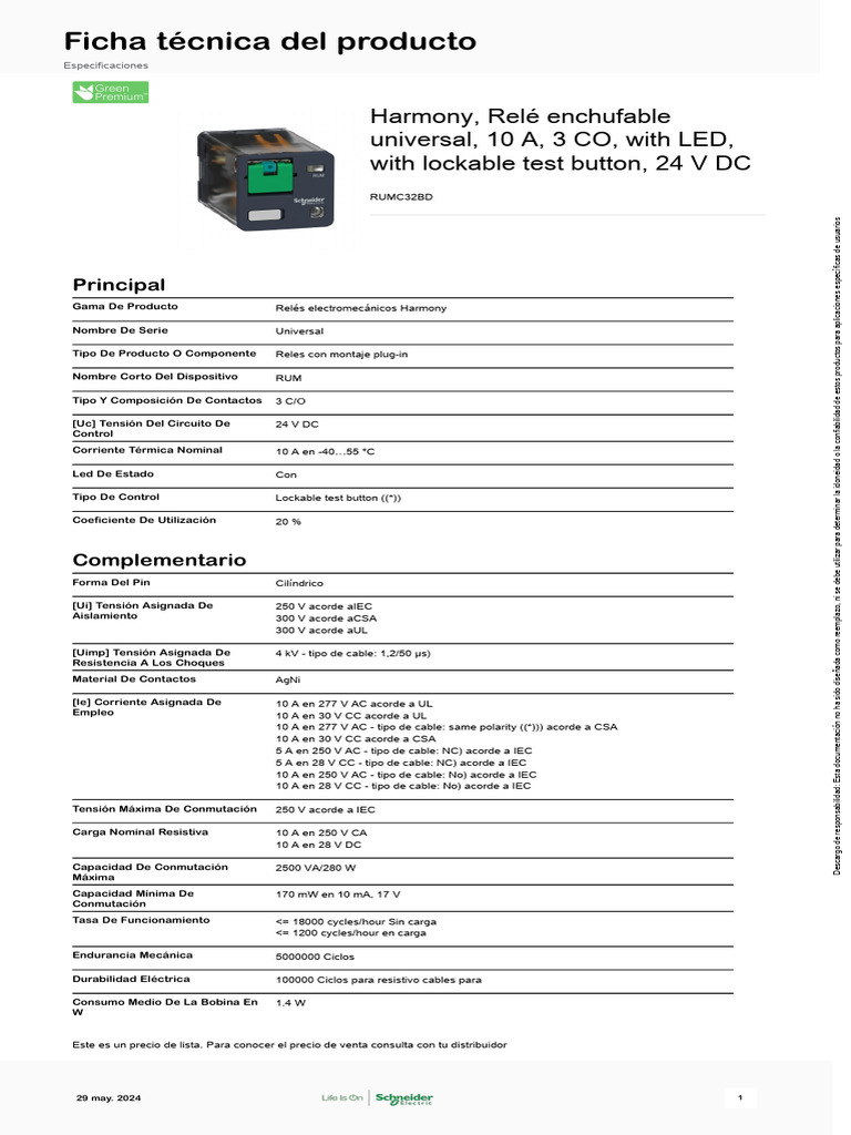 Schneider Electric - Relés-Zelio - RUMC32BD | PDF | Relé | Corriente ...