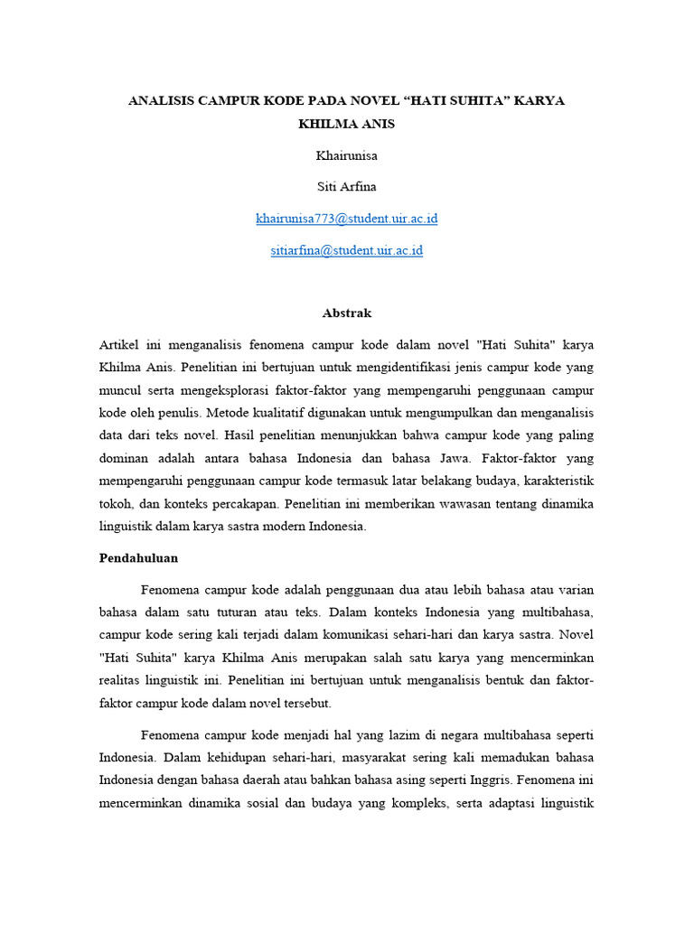 Analisis Campur Kode Pada Novel Hati Suhit Karya Khilma Anis | PDF