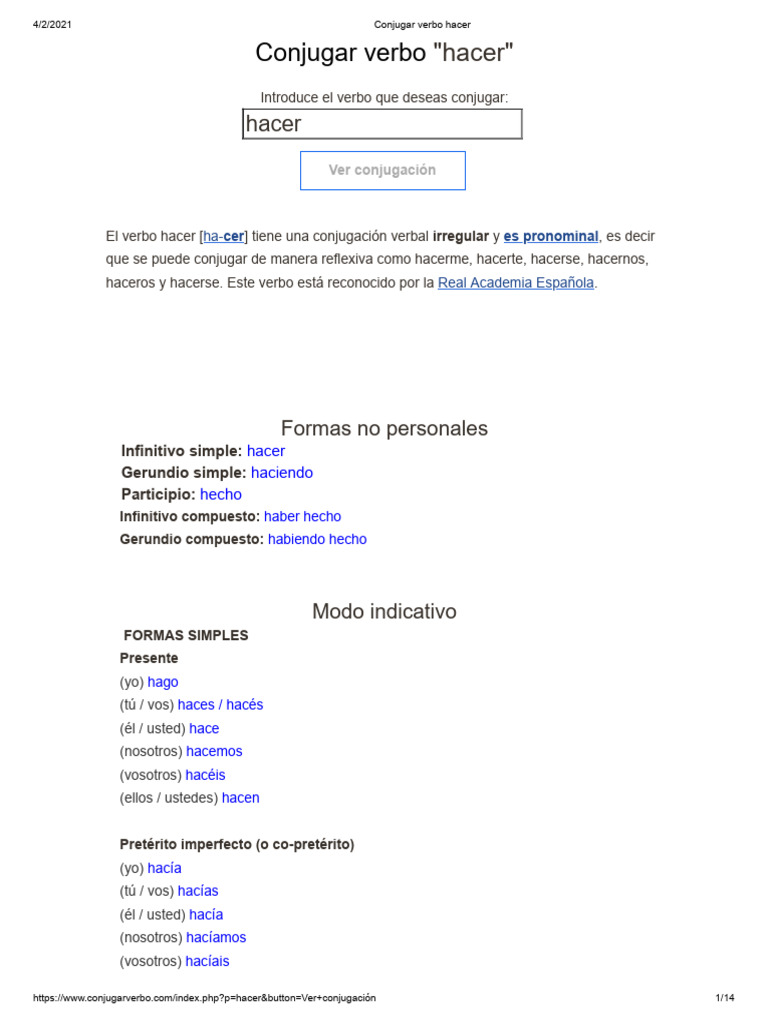 Conjugar Verbo Hacer | PDF | Relaciones sintácticas | Conjugación ...