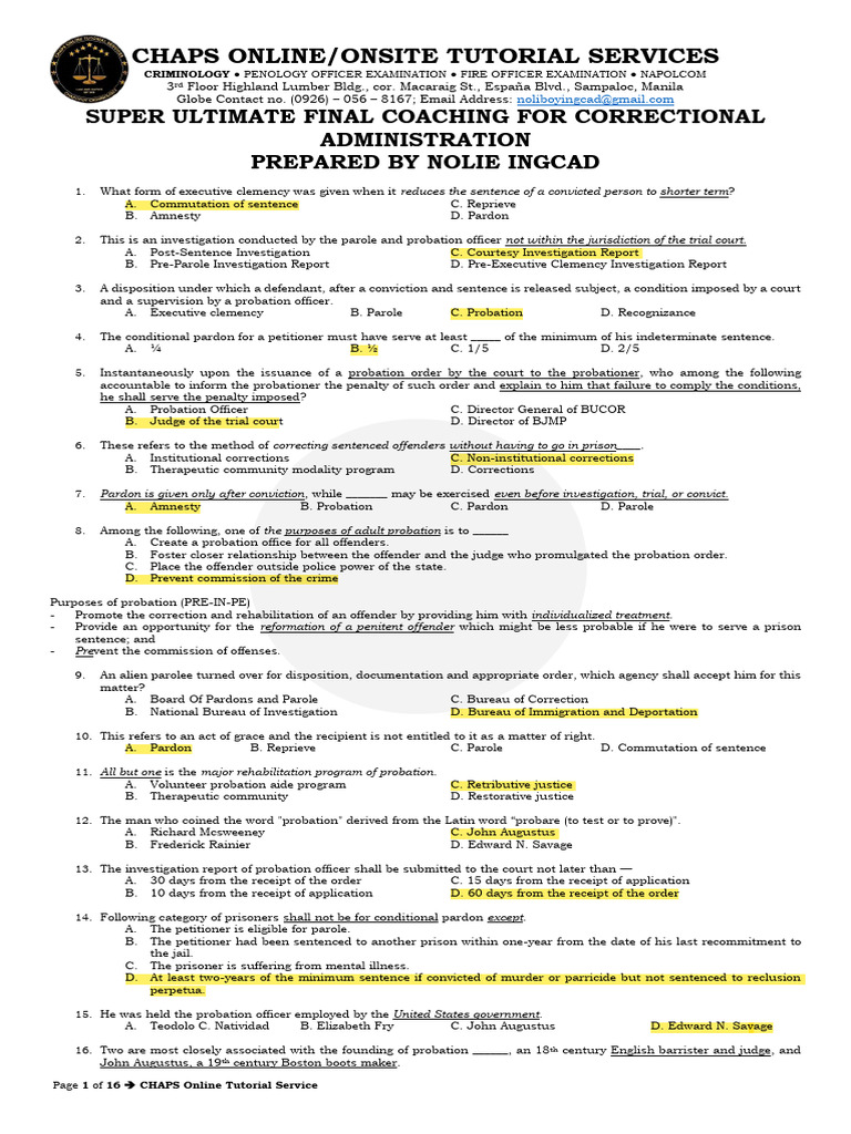 With Answers SIR NOLIE SUPER ULTIMATE FINAL COACHING FOR CORRECTIONAL | PDF | Probation | Pardon