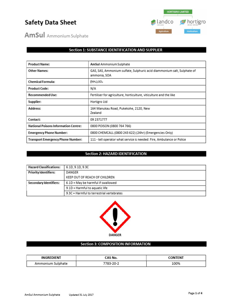 MSDS-AmSul Ammonium Sulphate | PDF | Personal Protective Equipment ...