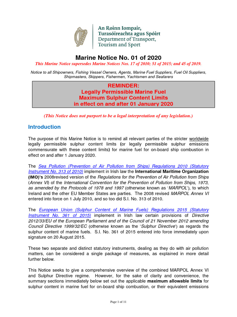 Marine Notice No. 01 of 2020 | PDF | Fuel Oil | Exhaust Gas