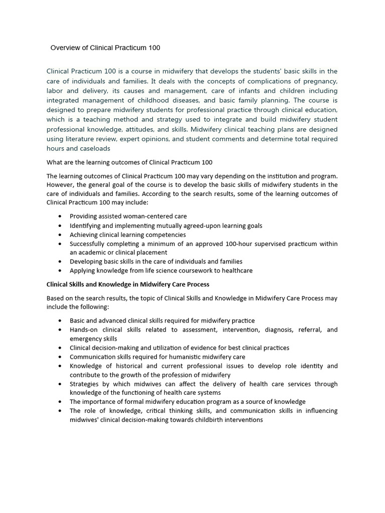 Overview of Clinical Practicum 100 | PDF | Evidence Based Practice | Evidence Based Medicine