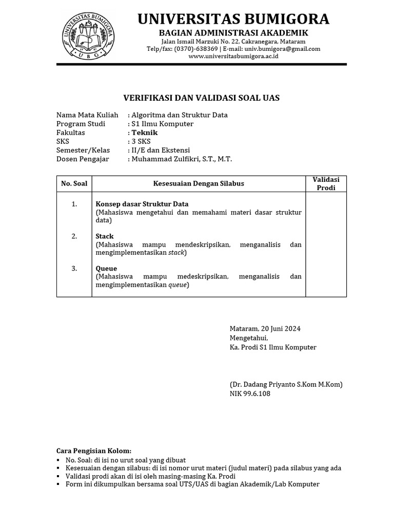 (SOAL UAS & VALIDASI) Muhammad Zulfikri, S.T., M.T. - S1ilkom - Algo & Struktur Data | PDF ...
