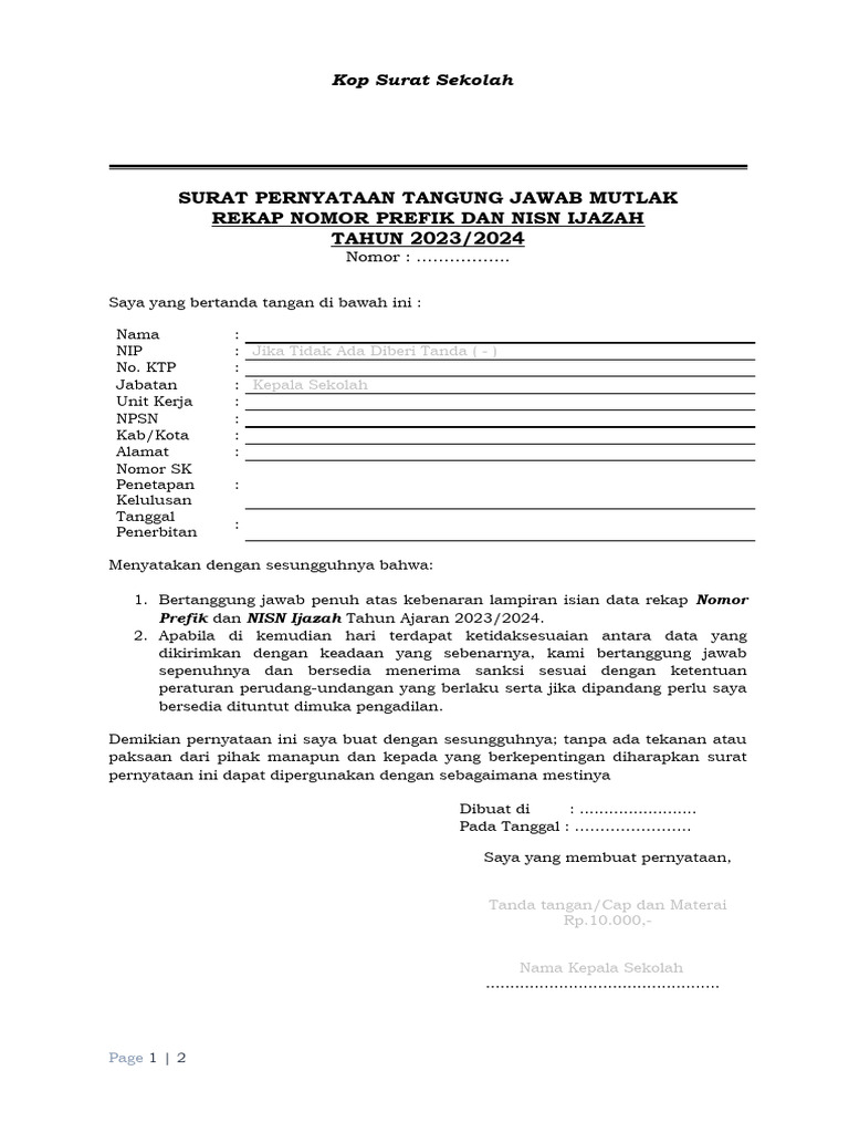 Draft SPTJM Rekap Prefik & Nisn Ijazah 2024 | PDF