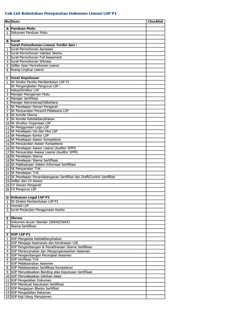 Cek List Kebutuhan Dokumen Persyaratan Lisensi LSP P1 | PDF Cek List Kebutuhan Dokumen Persyaratan Lisensi LSP P1 | PDF
