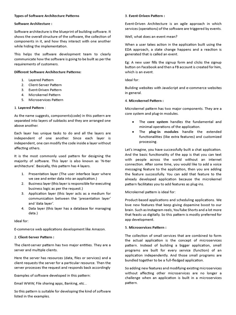Types Of Software Architecture Patterns Pdf Client Server Model