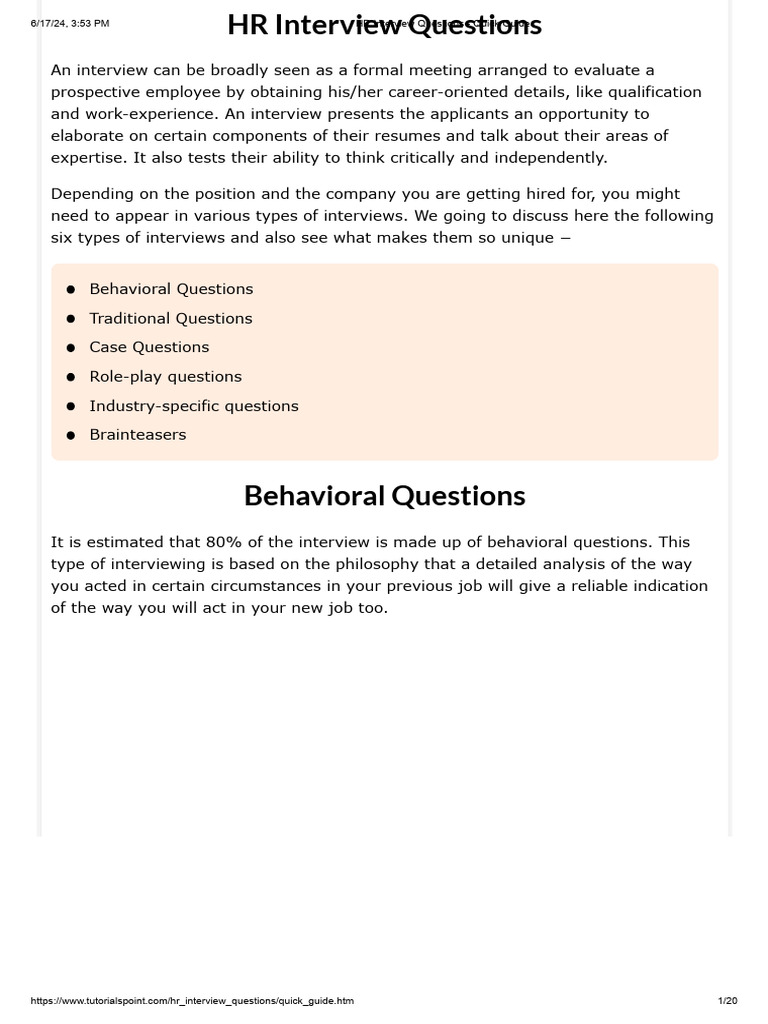 HR Interview Questions - Quick Guide | PDF | Reason | Employment